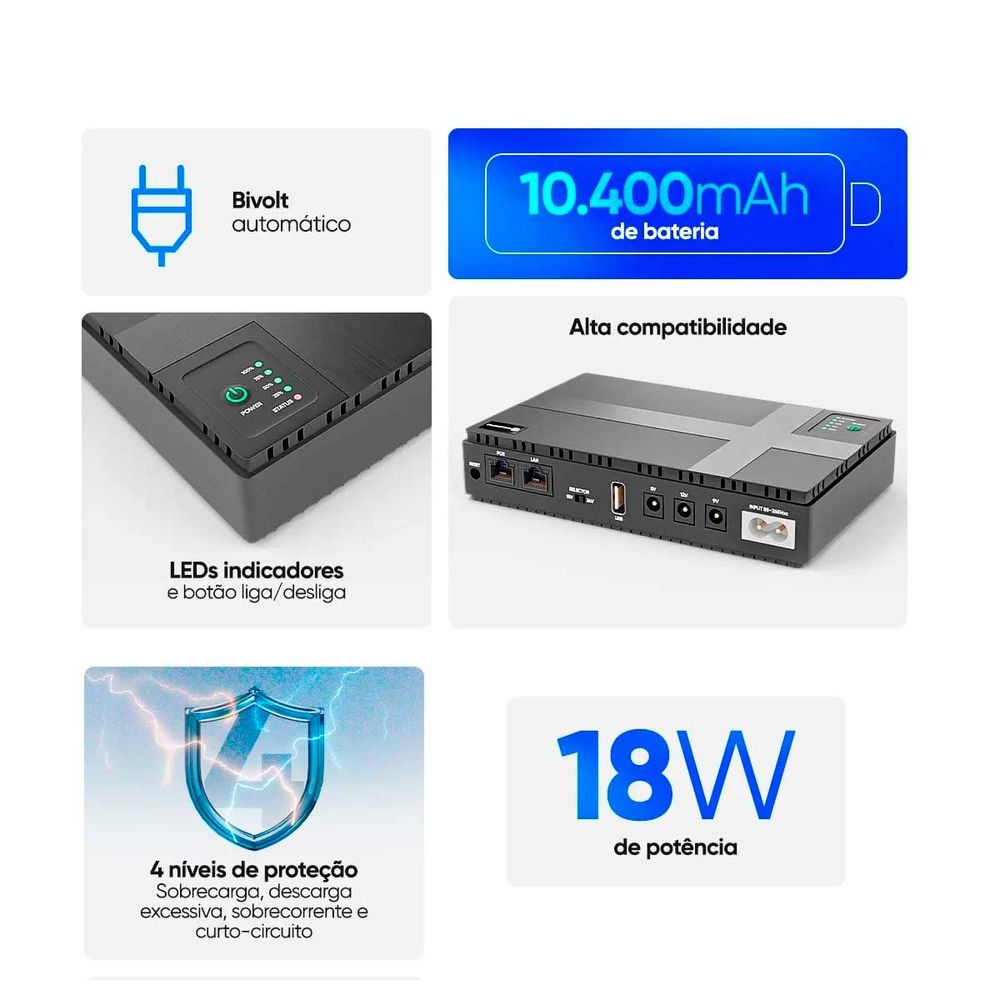 Mini Nobreak UPS 18W Bivolt 9/12/15/24V - lojagoldentec